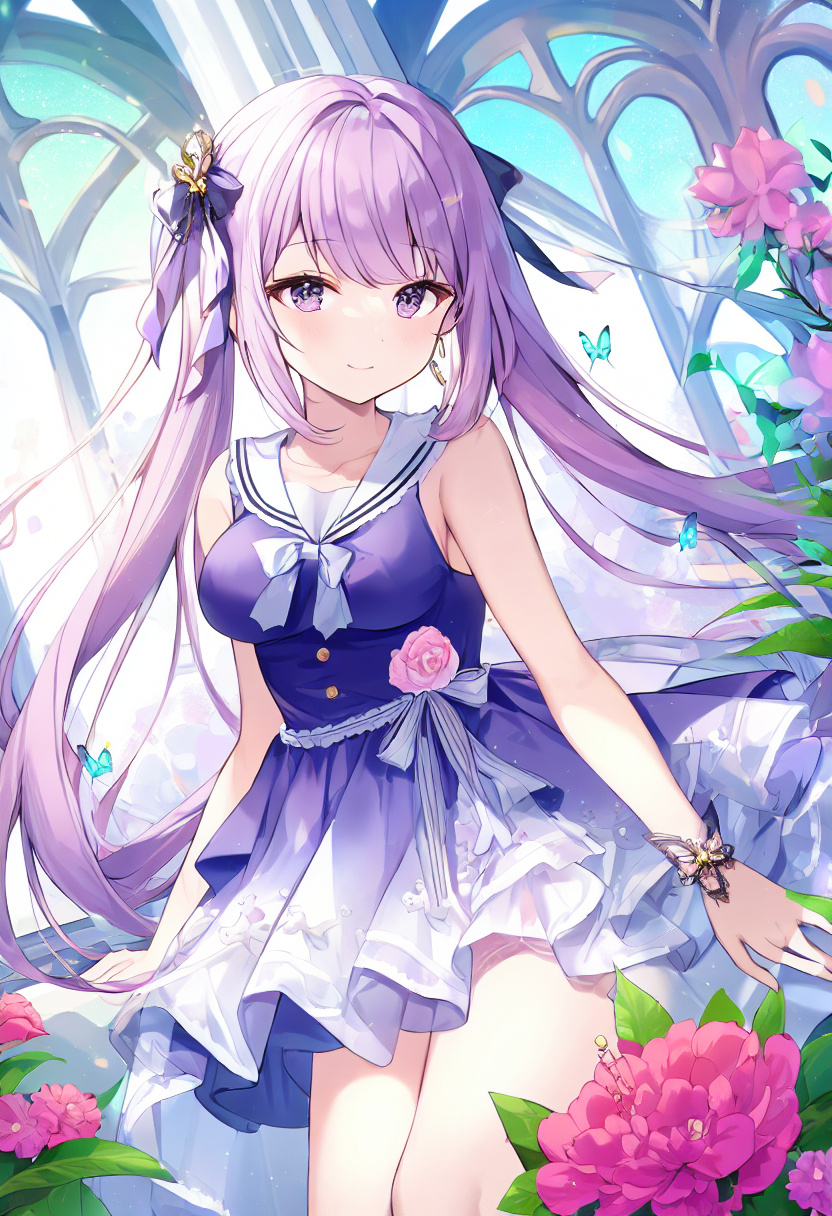 A young girl in a dreamy poolside setting wears an elegant indigo-purple dress | リョウナカムラ | イロミライ ...